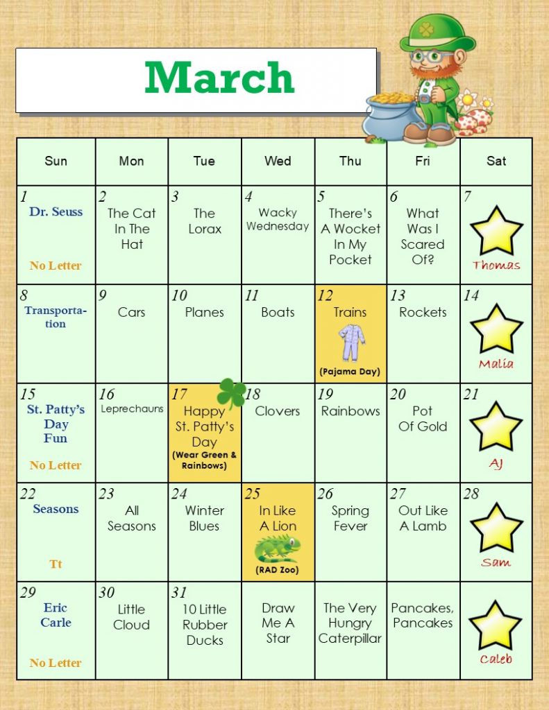 Pre-Kindergarten Calendar VH – Children's Discovery Academy