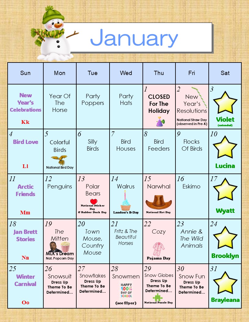 Pre-Kindergarten Calendar VH – Children's Discovery Academy